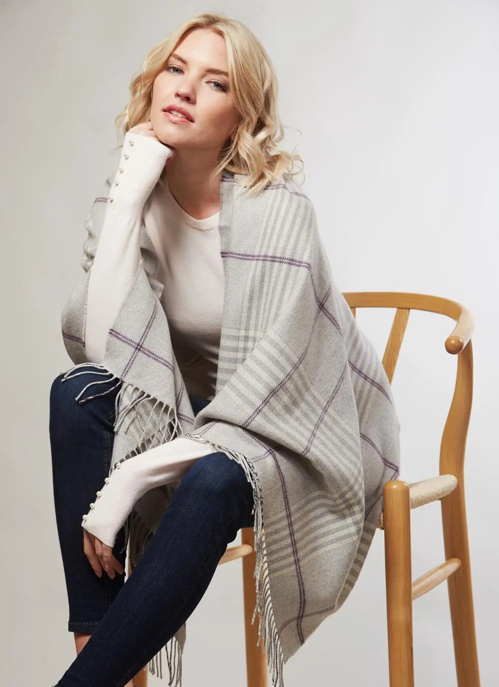 Super Fine Merino Shawl in Grey Check | Blarney