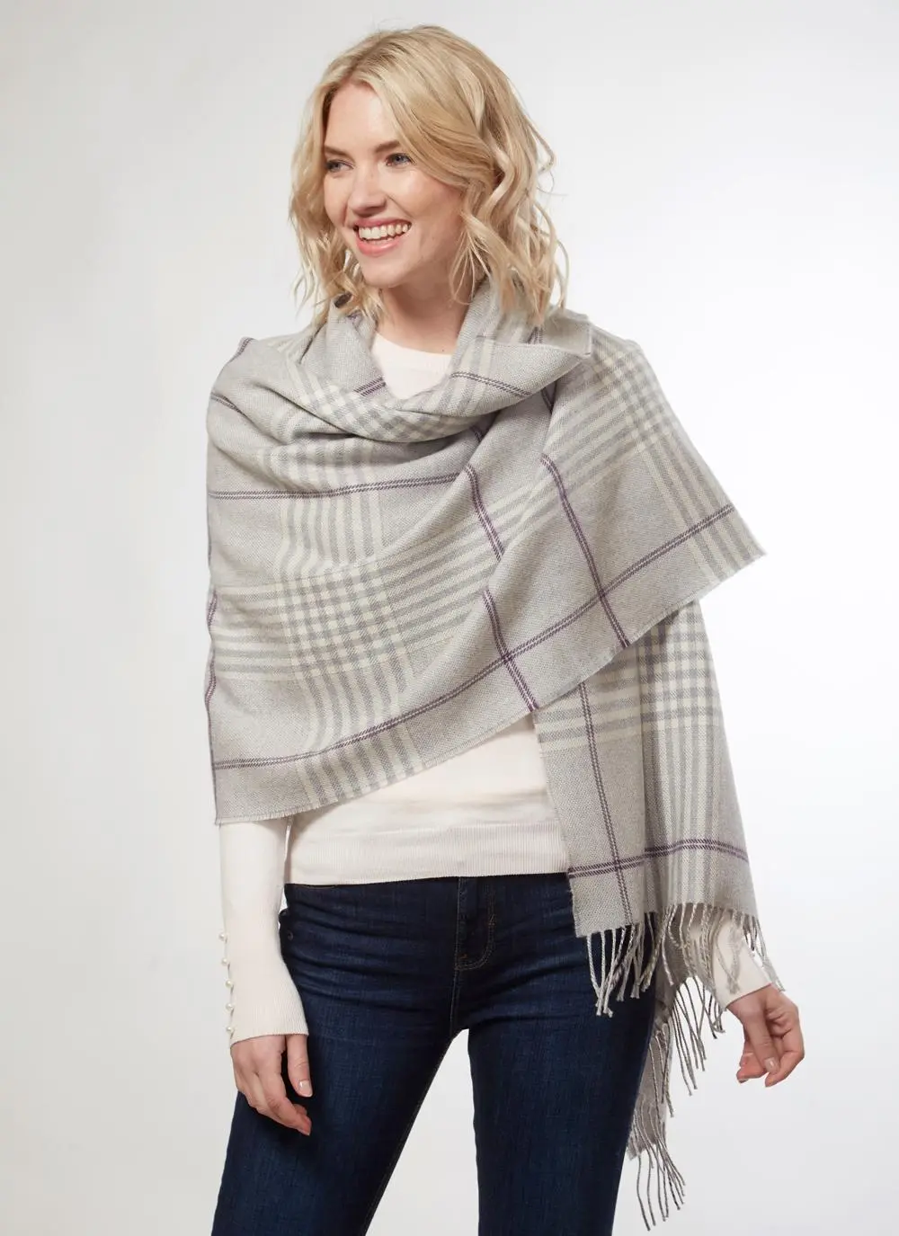 Super Fine Merino Shawl in Grey Check | Blarney