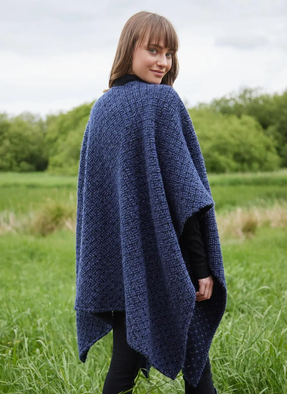 Ruana Cape in Navy Indigo Herringbone | Blarney