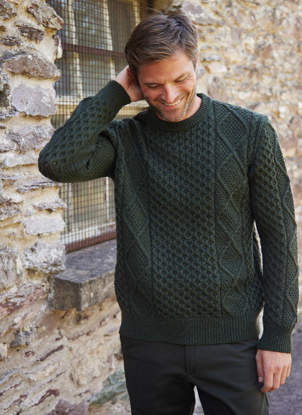 Connall Crew Neck Aran Sweater in Army Green | Blarney