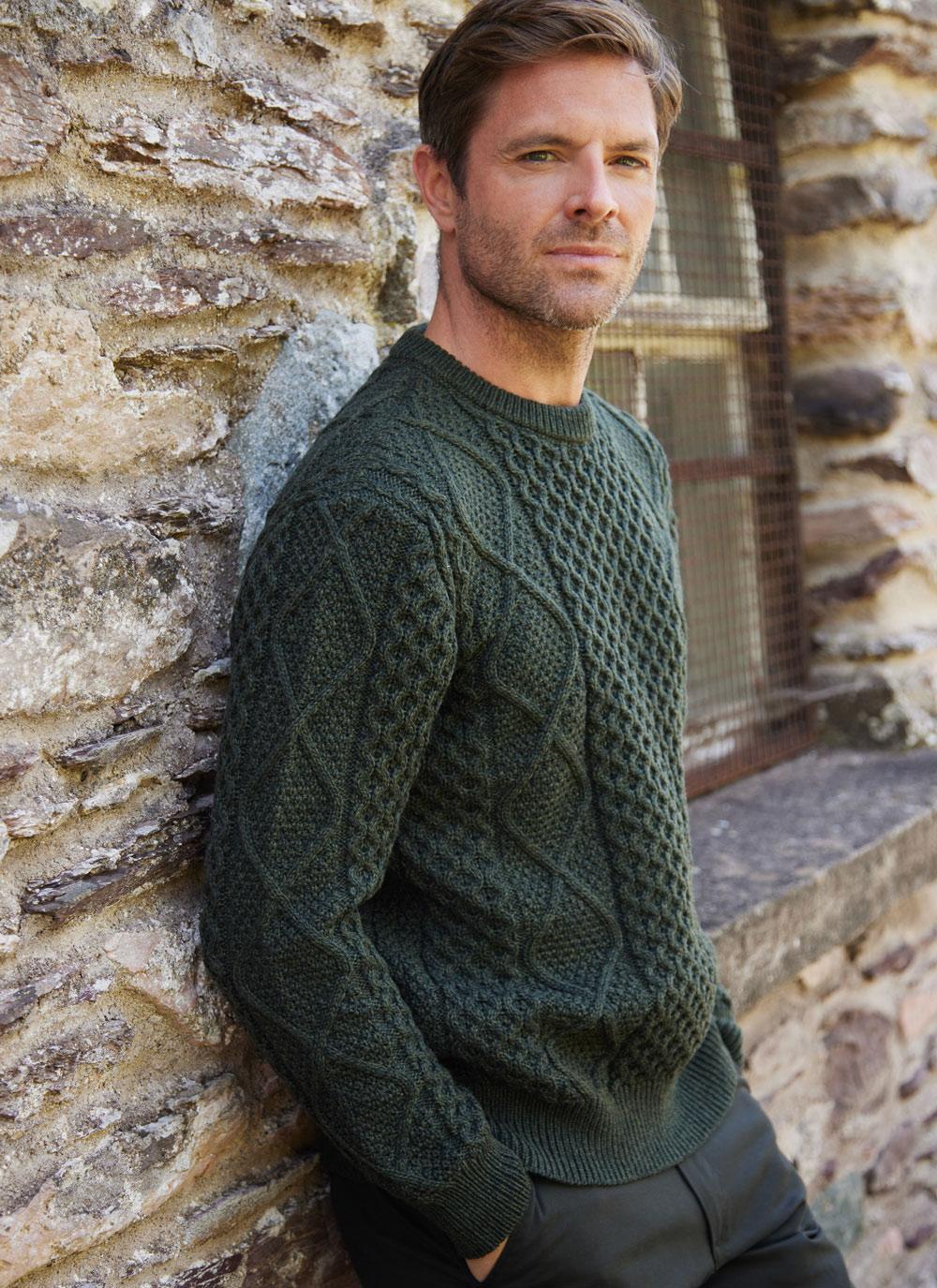 Connall Crew Neck Aran Sweater in Army Green | Blarney
