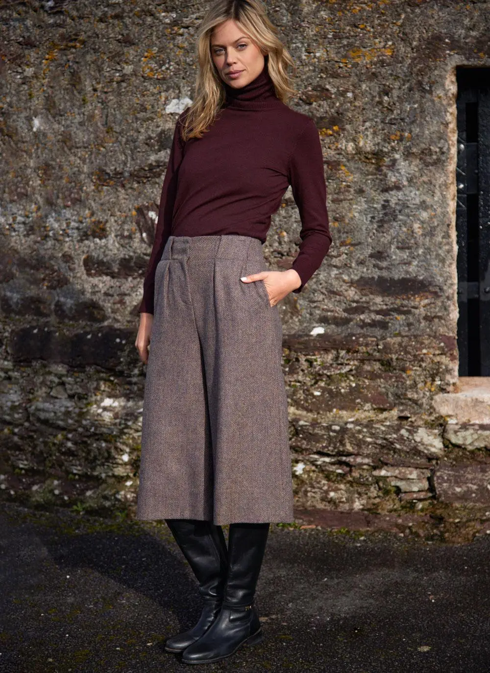Irish Tweed Herringbone Cropped Culottes in Heather | Blarney