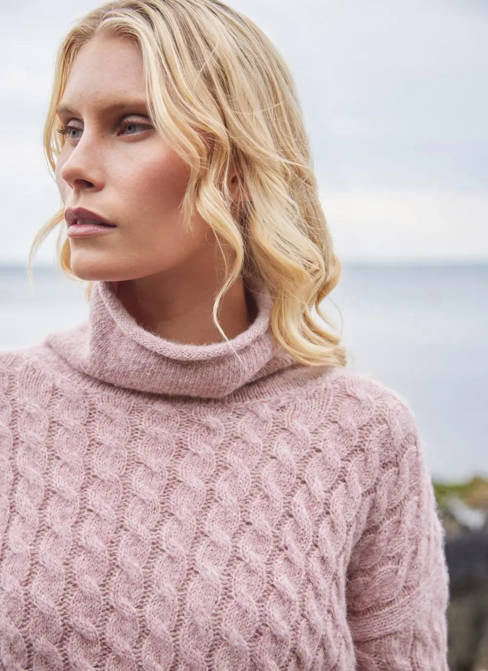 Fisherman Alpaca Cabled Funnel Neck Sweater in Pink | Blarney