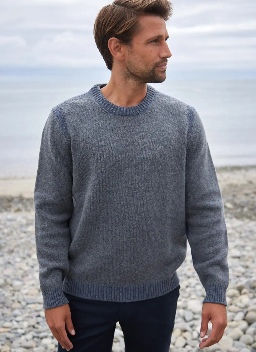 Fisherman Lambswool Crew Neck with Contrast Stitch in Oxford Grey | Blarney