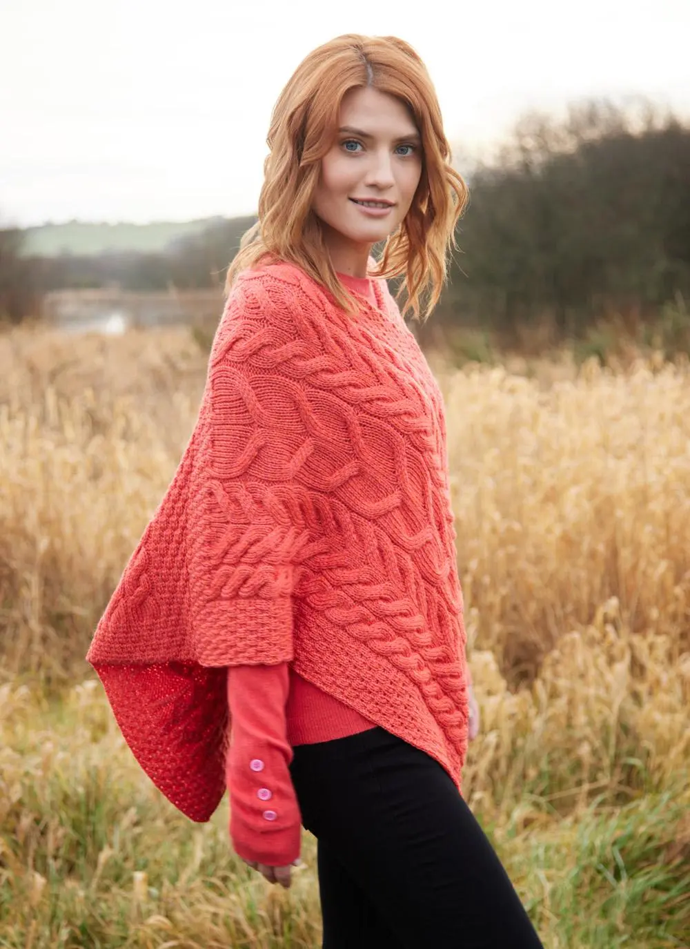 Supersoft Merino Wool Cable Poncho (Coral) | Blarney
