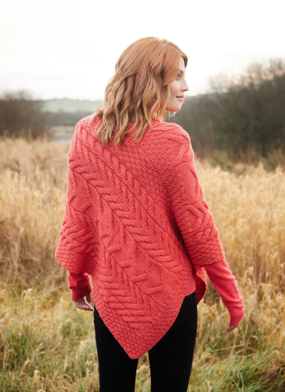 Supersoft Merino Wool Cable Poncho (Coral) | Blarney