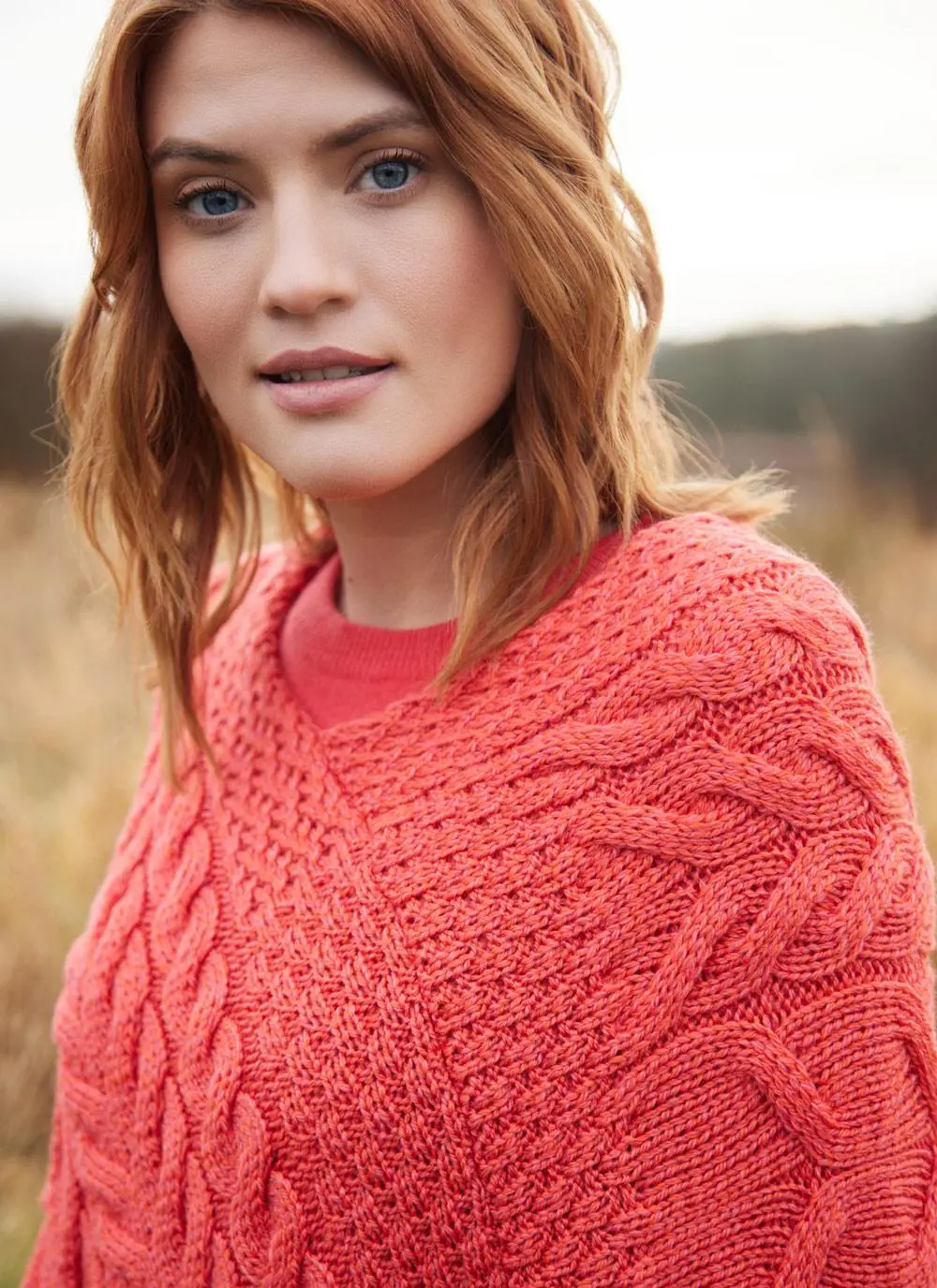 Supersoft Merino Wool Cable Poncho (Coral) | Blarney