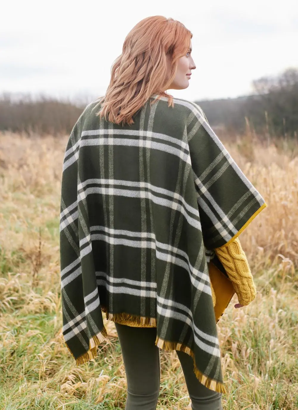 Reversible Check Fringed Poncho in Green & Mustard | Blarney
