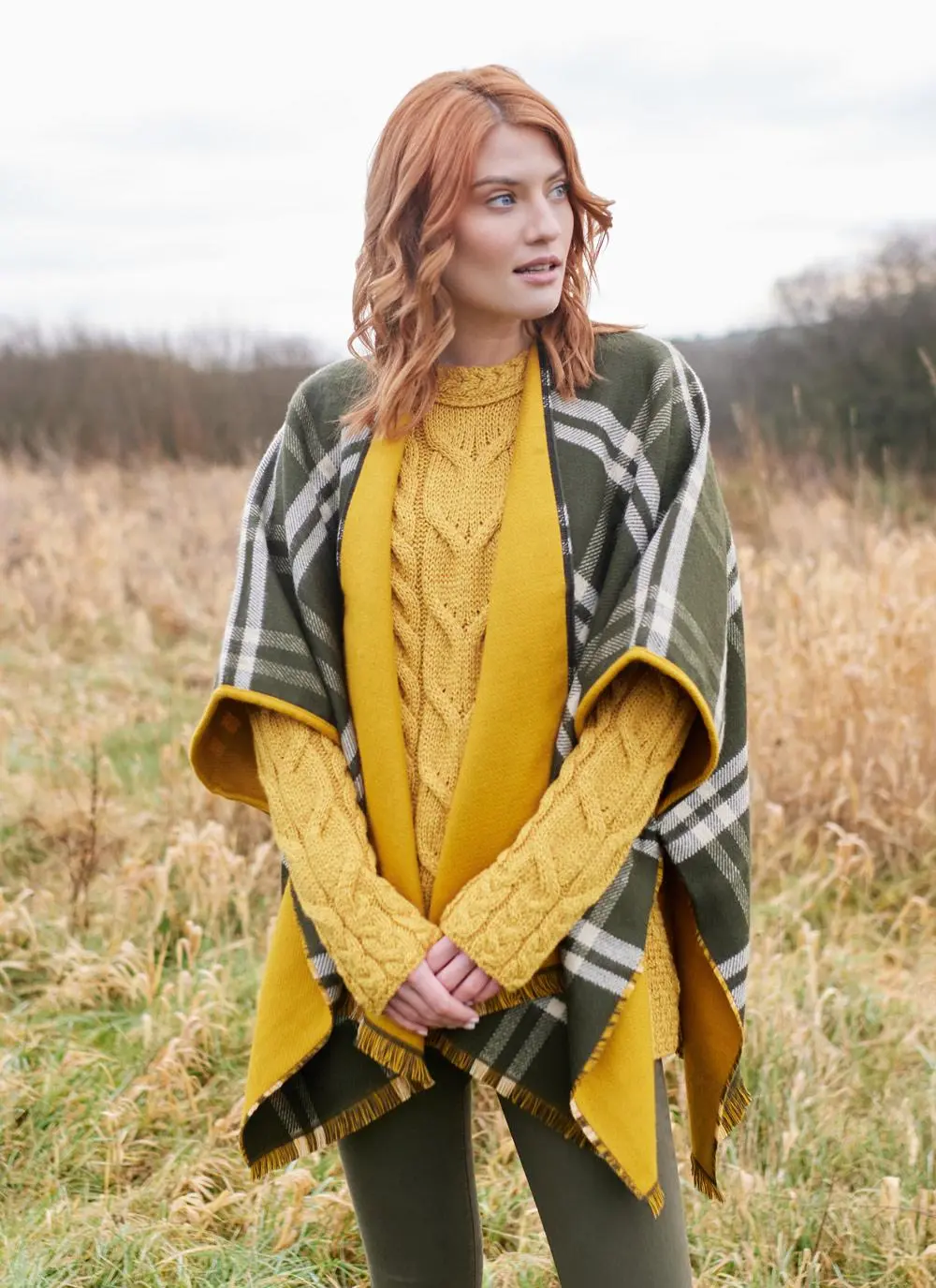 Reversible Check Fringed Poncho in Green & Mustard | Blarney