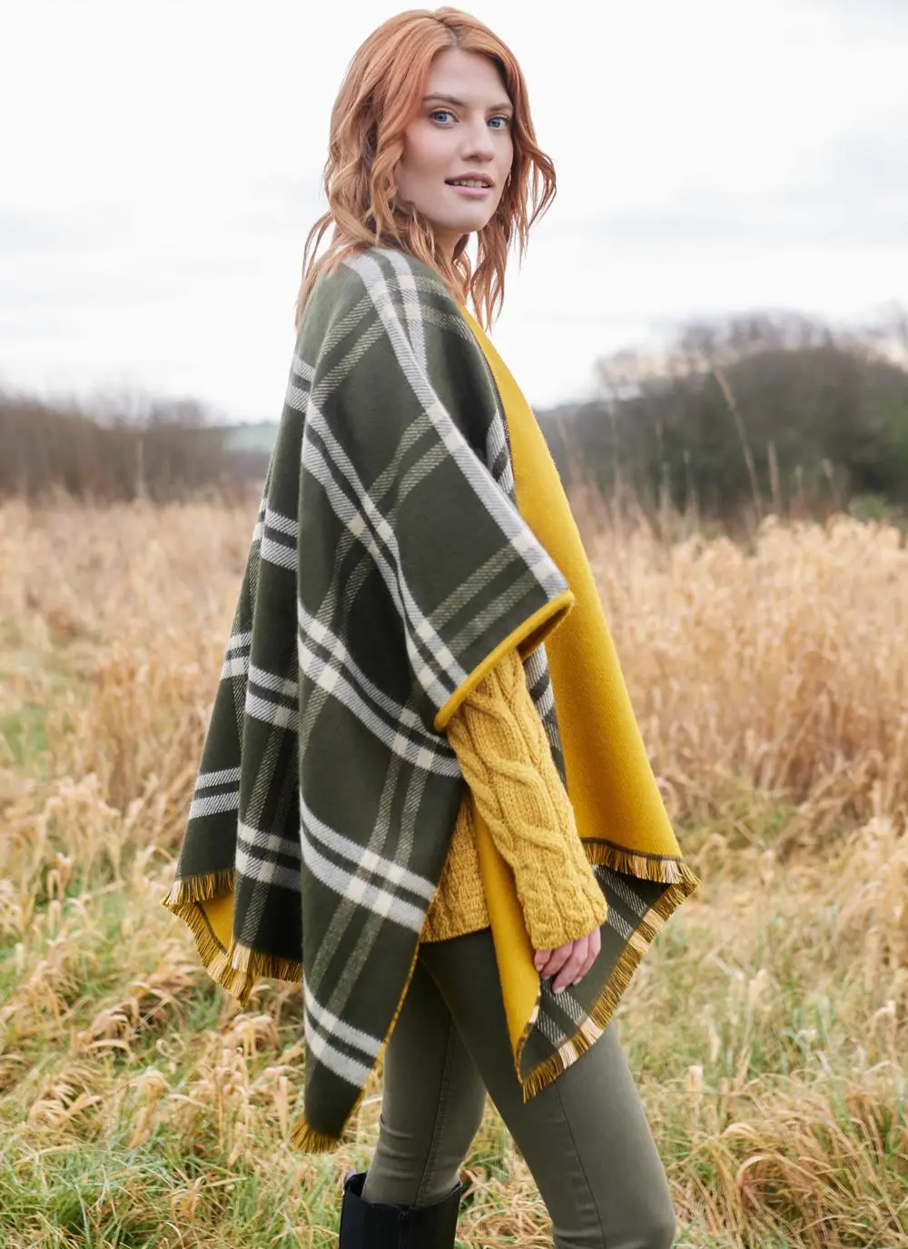 Reversible Check Fringed Poncho in Green & Mustard | Blarney