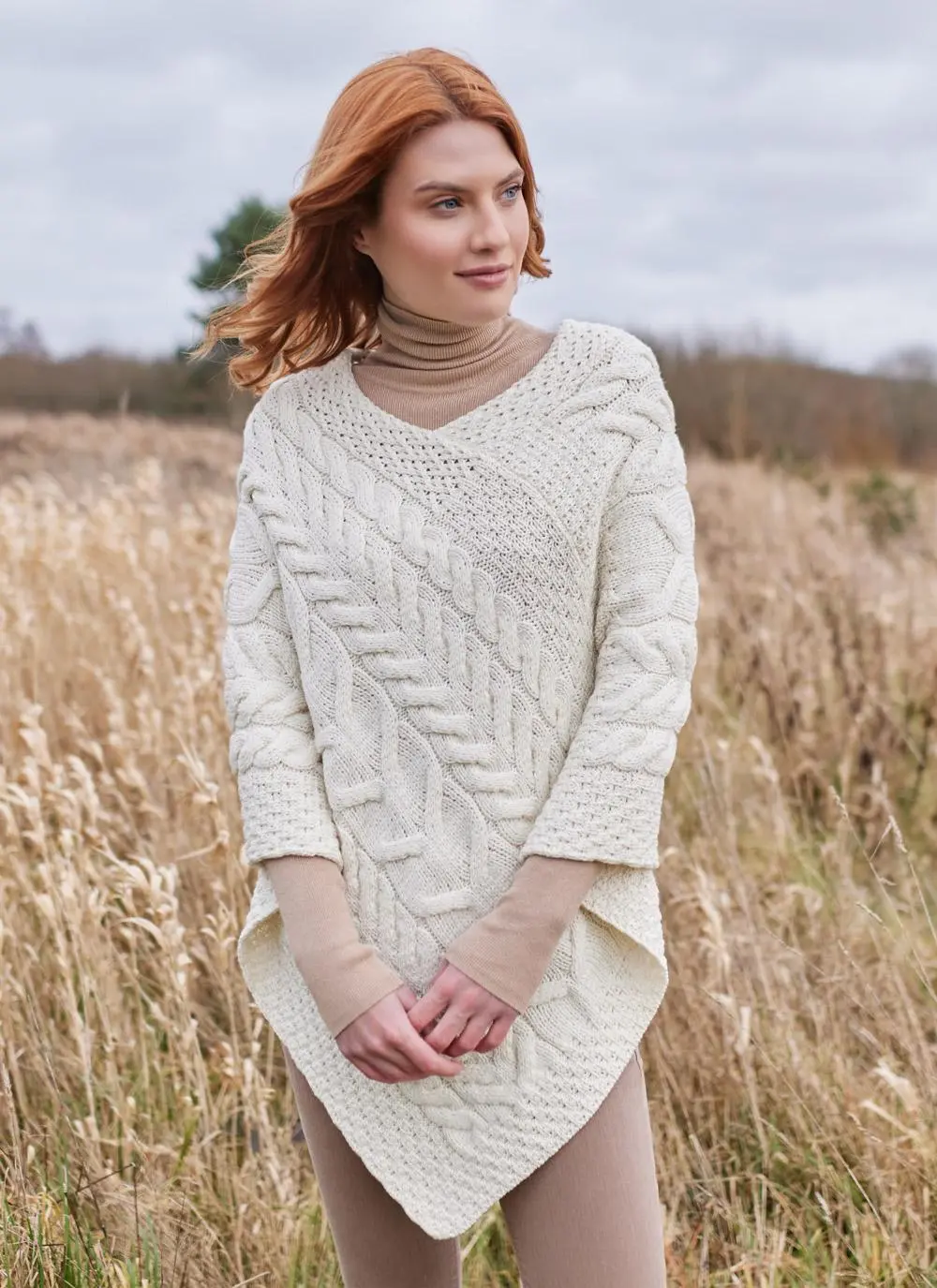Supersoft Merino Wool Cable Poncho (Natural) | Blarney
