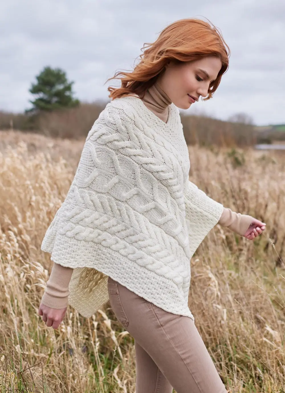 Supersoft Merino Wool Cable Poncho (Natural) | Blarney