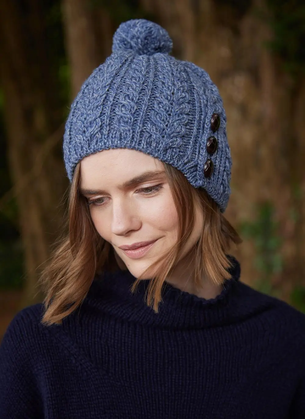 Merino Aran Button Pom Pom Hat in Denim | Blarney