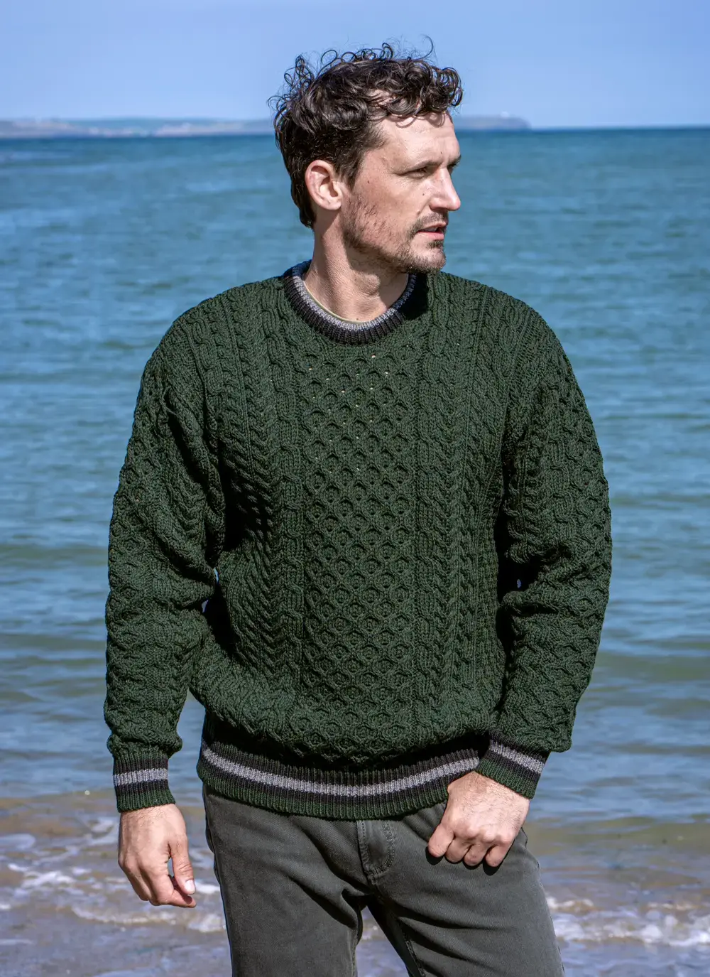 Merino Contrast Crew Neck Sweater in Army Green | Blarney Woollen Mills