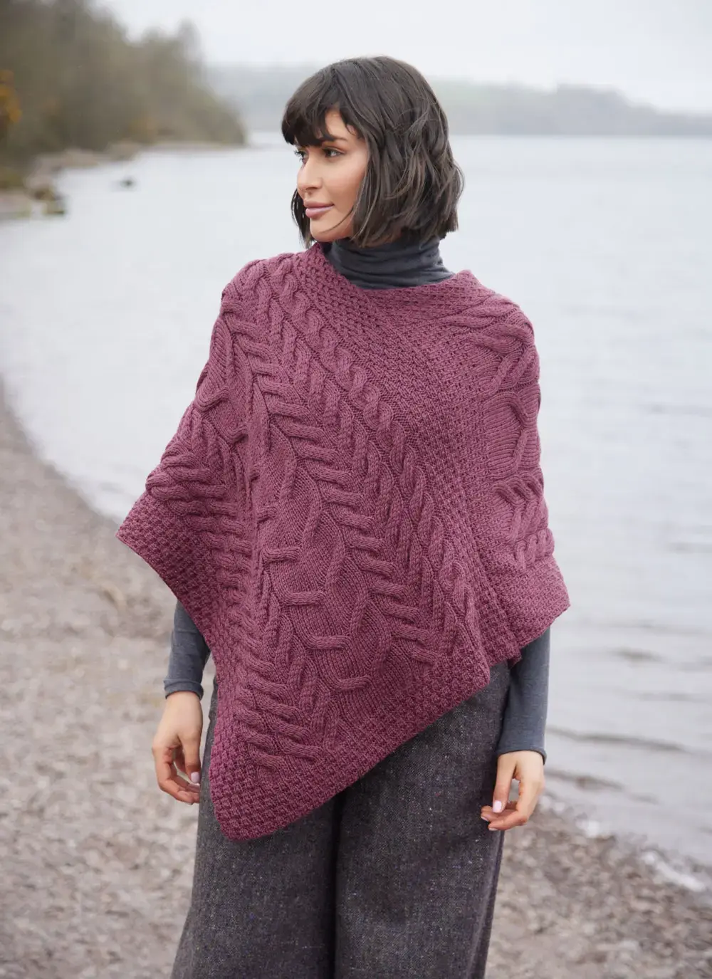 Supersoft Merino Wool Cable Poncho in Jam | Blarney