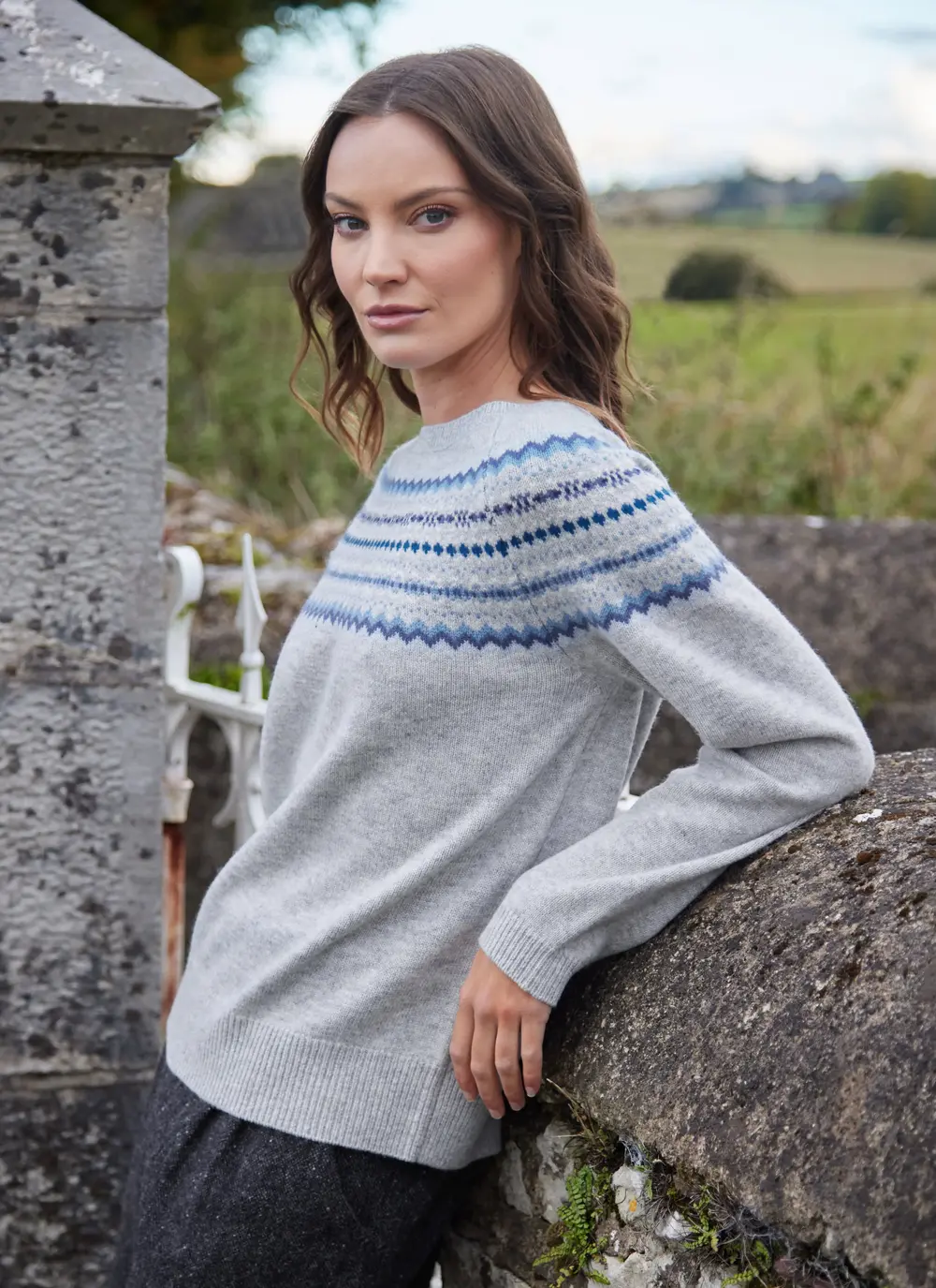 Holly Merino Fairisle Crew Neck Sweater in Silver Grey | Blarney
