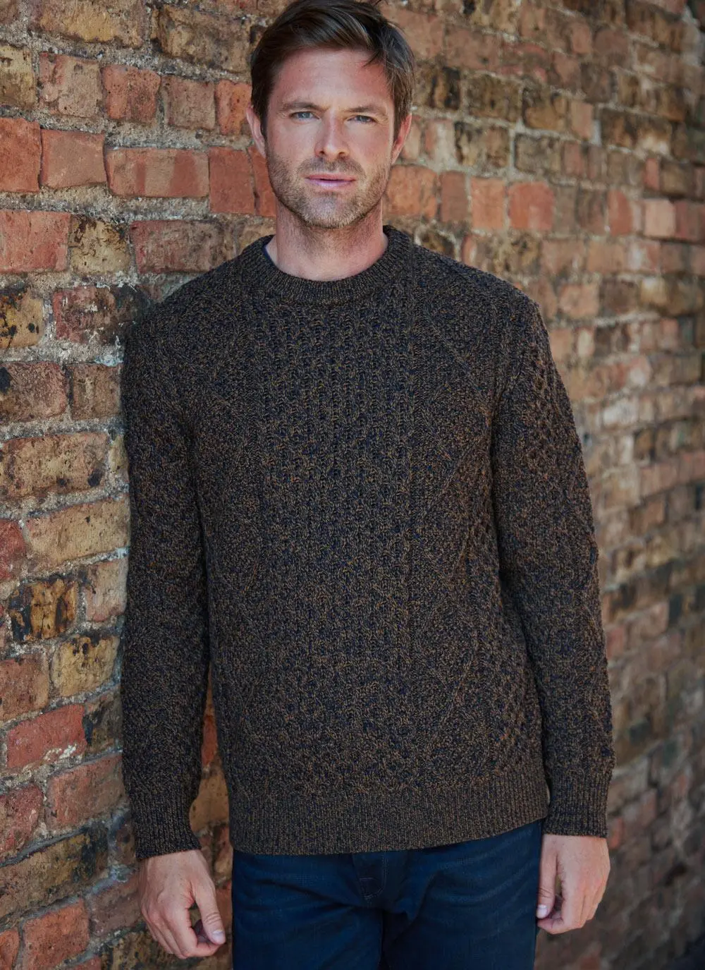 Connall Crew Neck Aran Sweater in Tawny Marl | Blarney