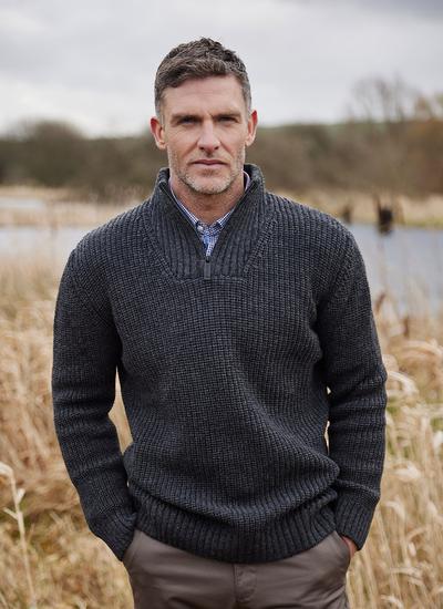 Ribbed Zip Neck Troyer Sweater in Navy Marl | Blarney