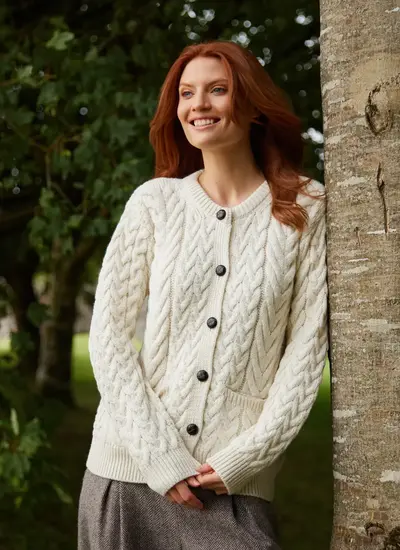 Super Soft Merino Wool Cable Cardigan in Natural | Blarney