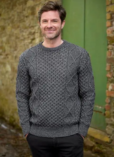 Connall Crew Neck Aran Sweater in Army Green | Blarney