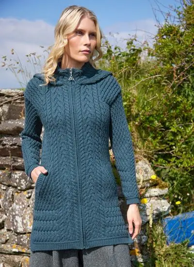 Cable Knit Hooded Long Cardigan - Blue